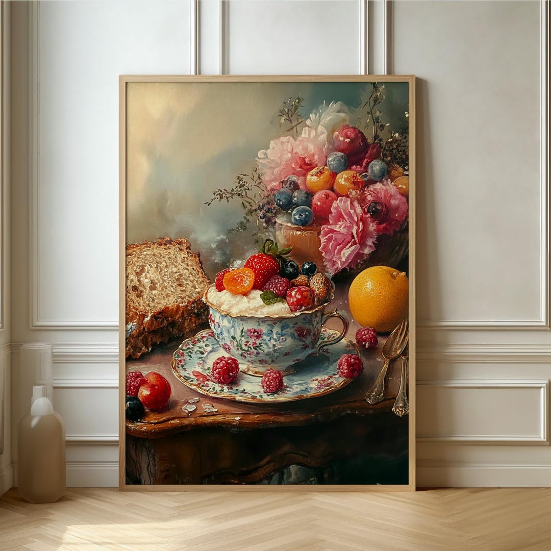 Vintage Fruit Still Life Elegant Floral Tabletop Art, Rustic Kitchen ...
