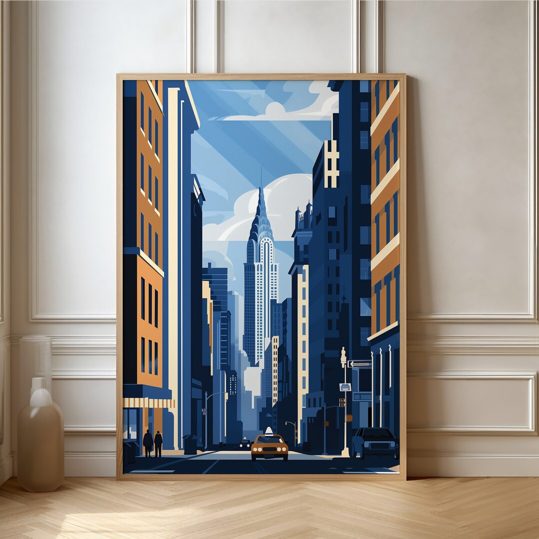 Modern NYC Skyline Art Poster - Empire State Building With Blue and ...