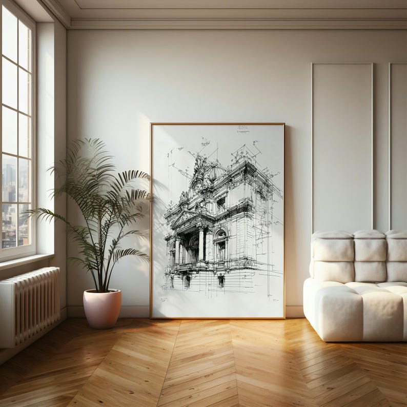 Architectural Line Art Print – Classic Building Sketch, Modern Decor ...