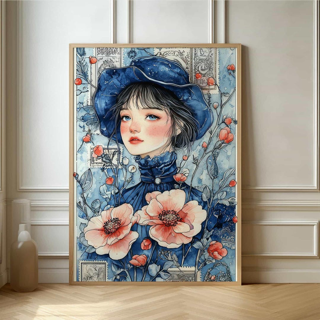 Enchanting Blue Lady Poster - Romantic Vintage Style Watercolor Wall ...