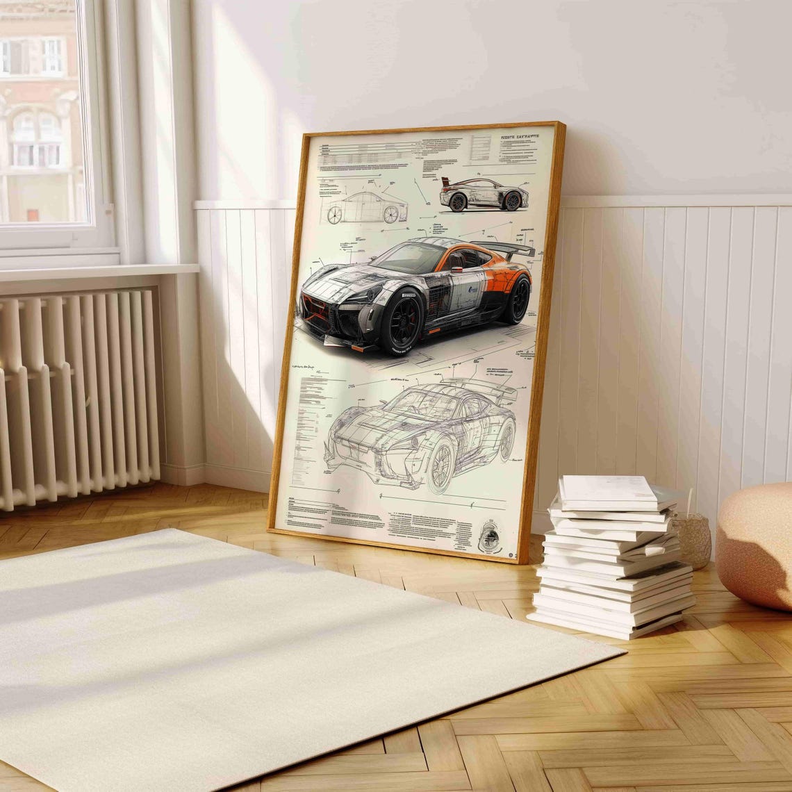 Detailed Sports Car Blueprint Poster - Automotive Sketch Art for ...
