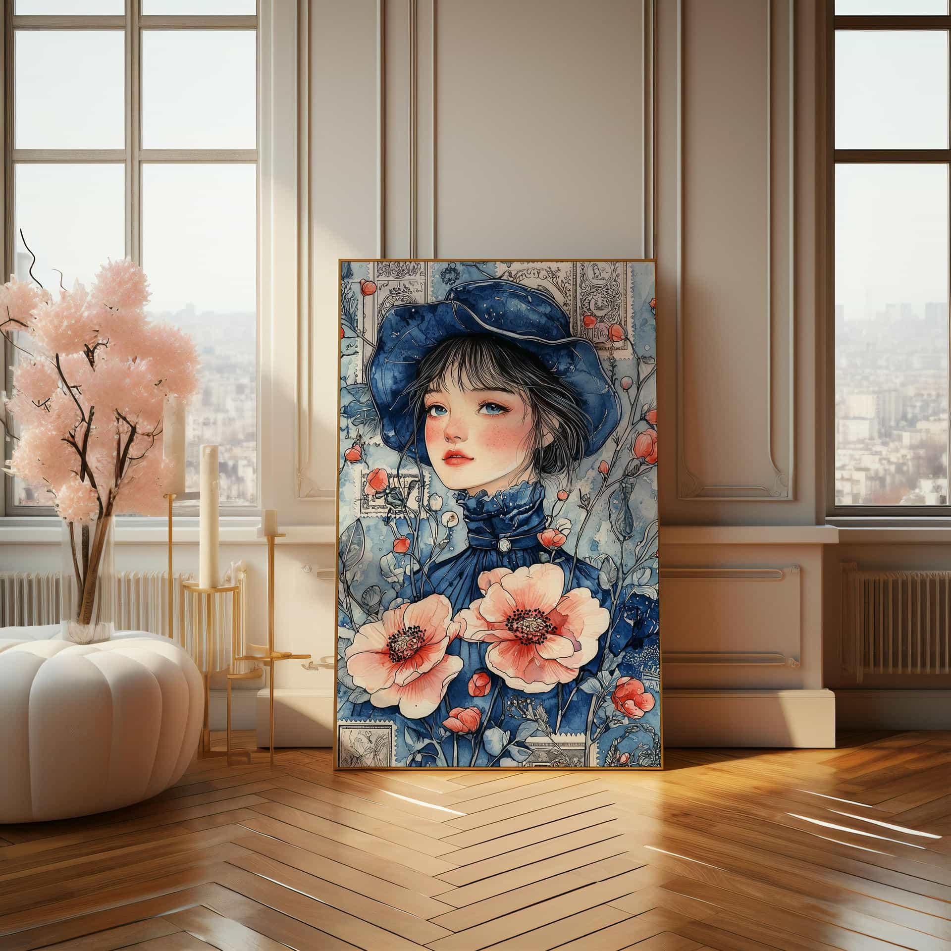 Enchanting Blue Lady Poster - Romantic Vintage Style Watercolor Wall ...
