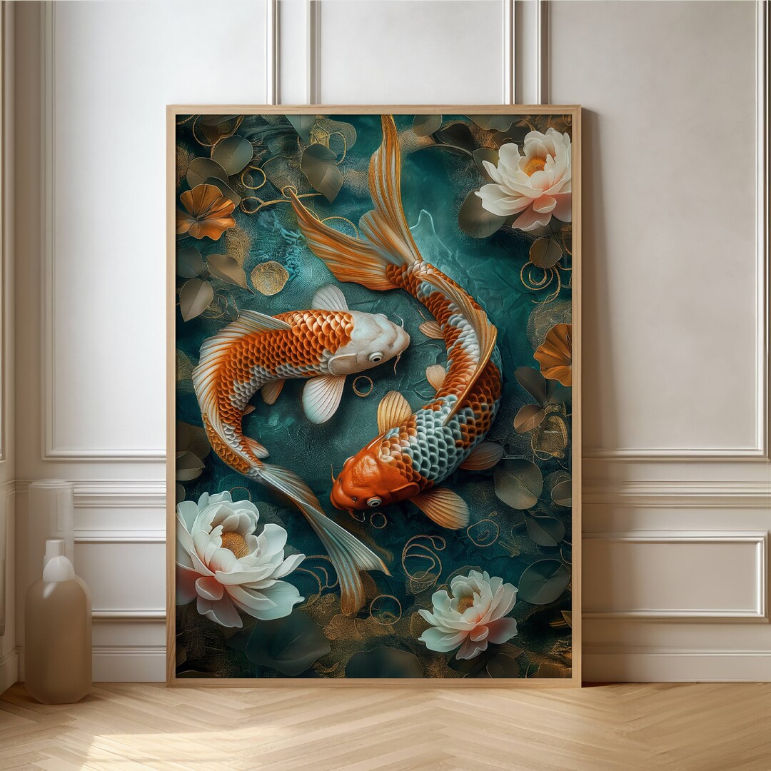 Koi Fish in a Pond With Flowers, Symmetrical Harmony, Realistic Style ...