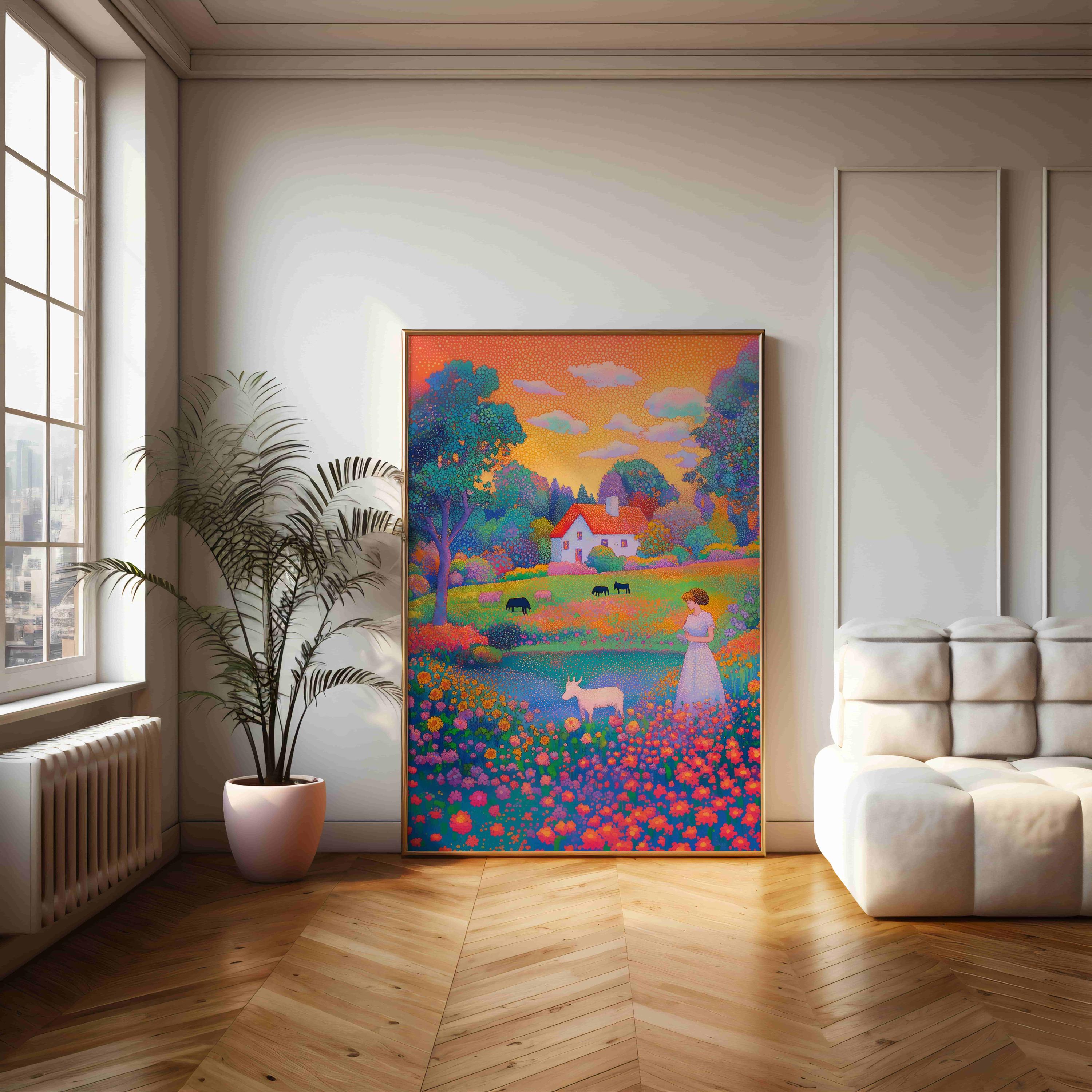 Vibrant Cottage Landscape Poster - Colorful Pointillism Art for Home - Etsy
