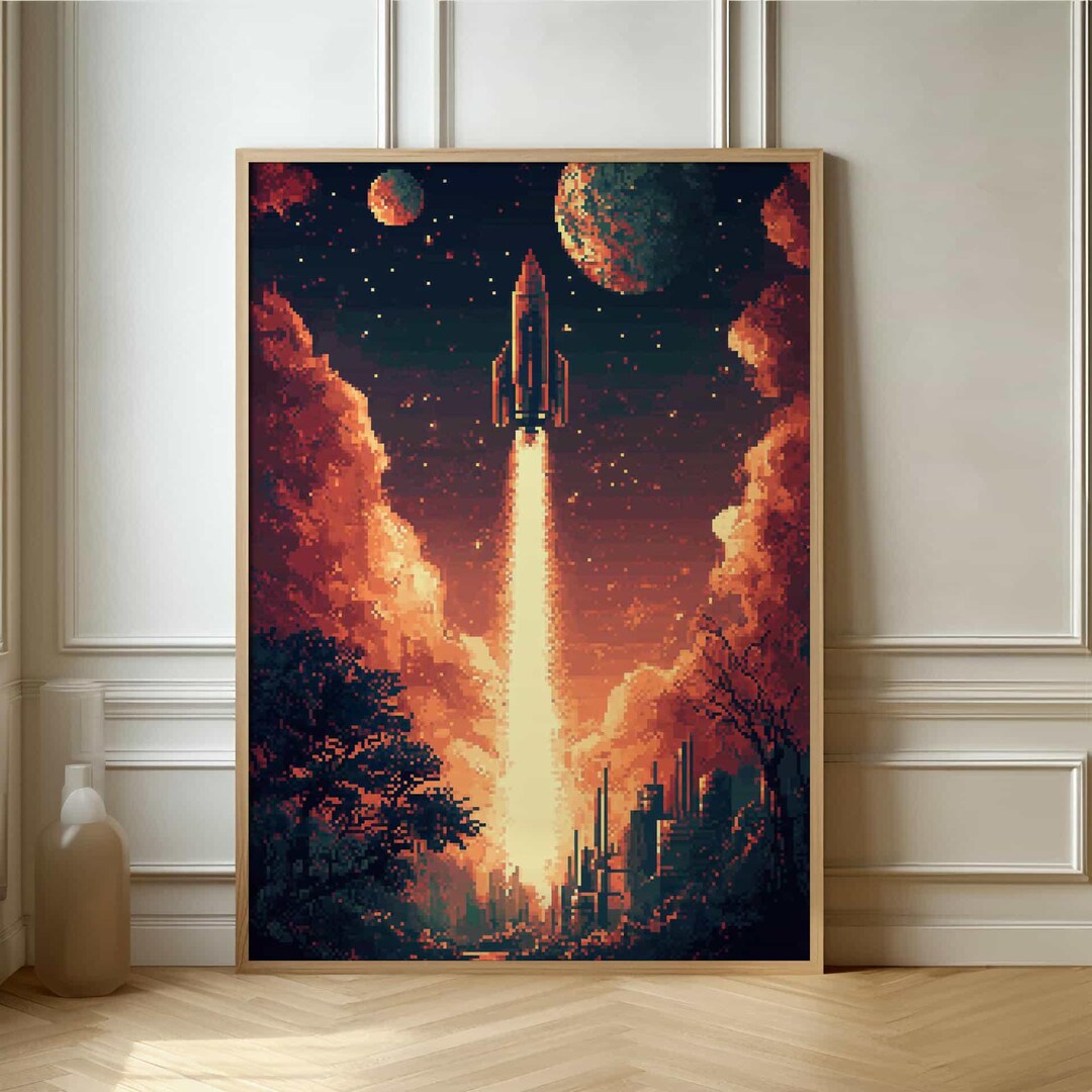 Pixel Art Space Adventure Poster - Vintage Rocket Launch Artwork - Etsy