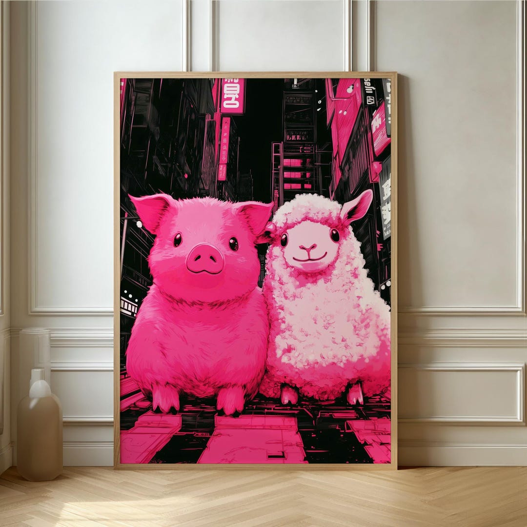 Pink Pig and Sheep Poster - Fun Modern Art Print, Whimsical Animal ...