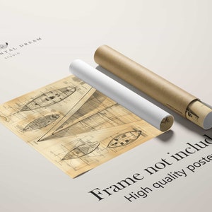 Vintage Sailboat Blueprint Poster - Nautical Boat Diagram Wall Art for ...