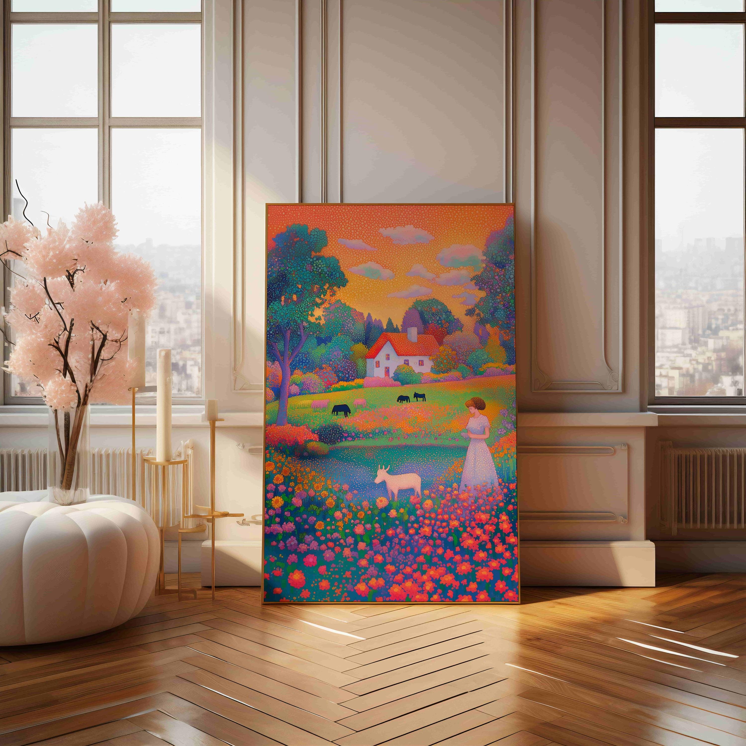 Vibrant Cottage Landscape Poster - Colorful Pointillism Art for Home - Etsy