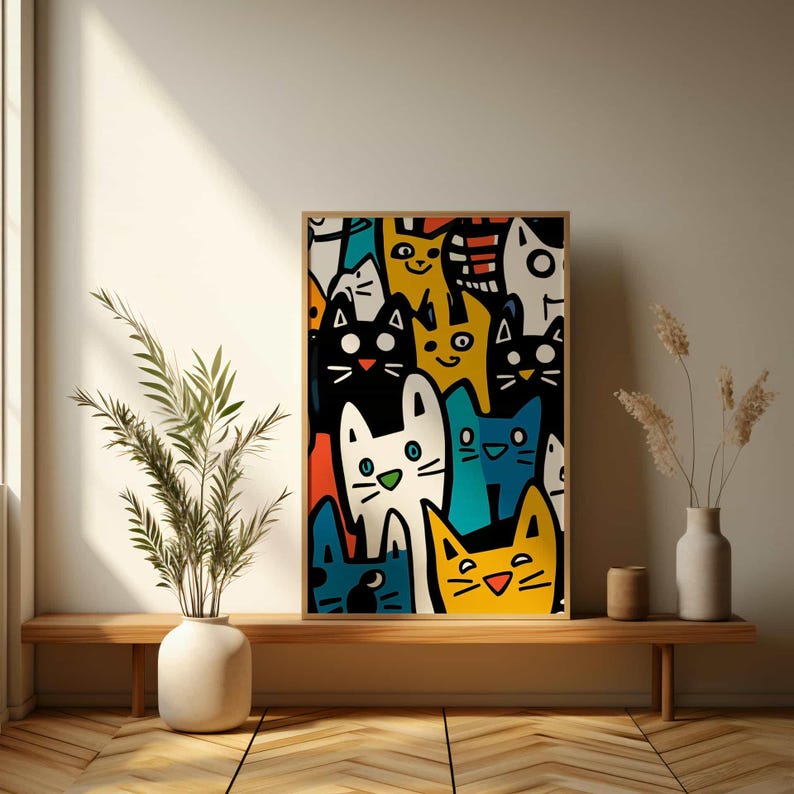 Quirky Cat Art Poster - Bold Abstract Cat Faces for Fun Wall Decor - Etsy