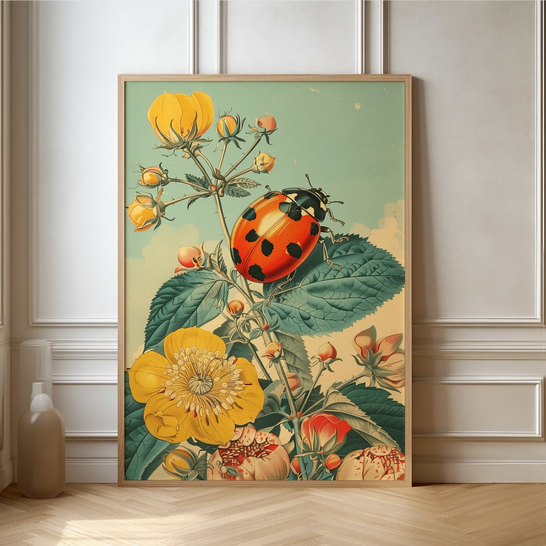 Colorful Vintage Ladybug Poster - Nature-inspired Flower and Bug Print ...