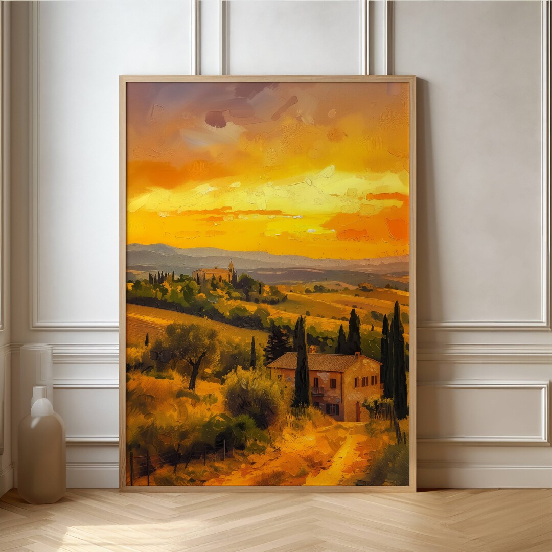 Tuscany Sunset Landscape Art Print - Rustic Italian Countryside Wall ...