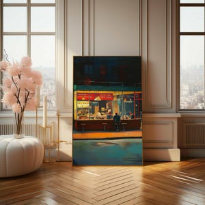 Vintage Diner Art Poster - Nighttime Cityscape in Retro Style Wall ...