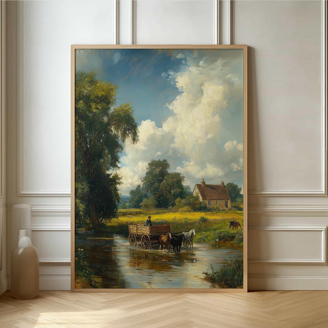 Vintage Style Farm Scene Poster - Serene Oil Painting of Horses and ...