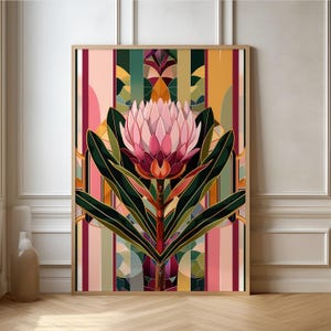 Art Deco Protea Poster - Vibrant Stained Glass Style Flower Art for ...