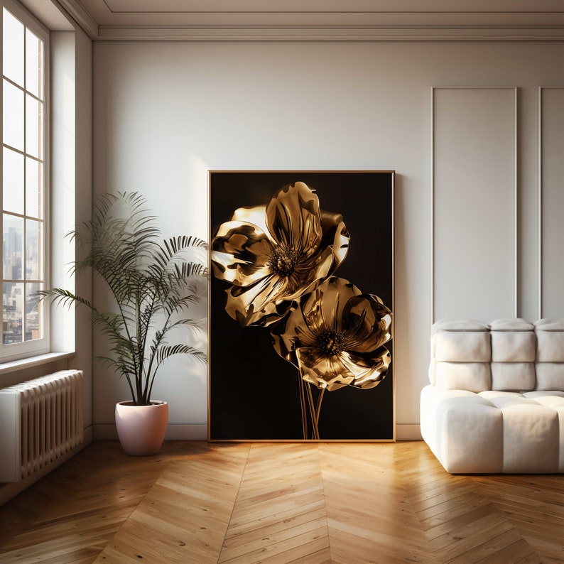 Chic Gold Floral Poster - Contemporary Metallic Flower Art Print - Etsy