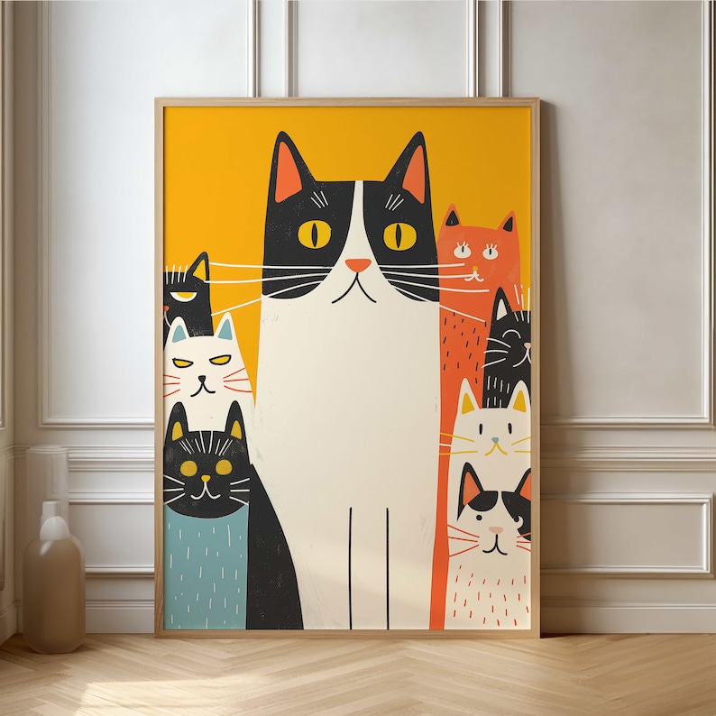 Whimsical Cat Family Poster - Modern Illustration Wall Art for Cat ...