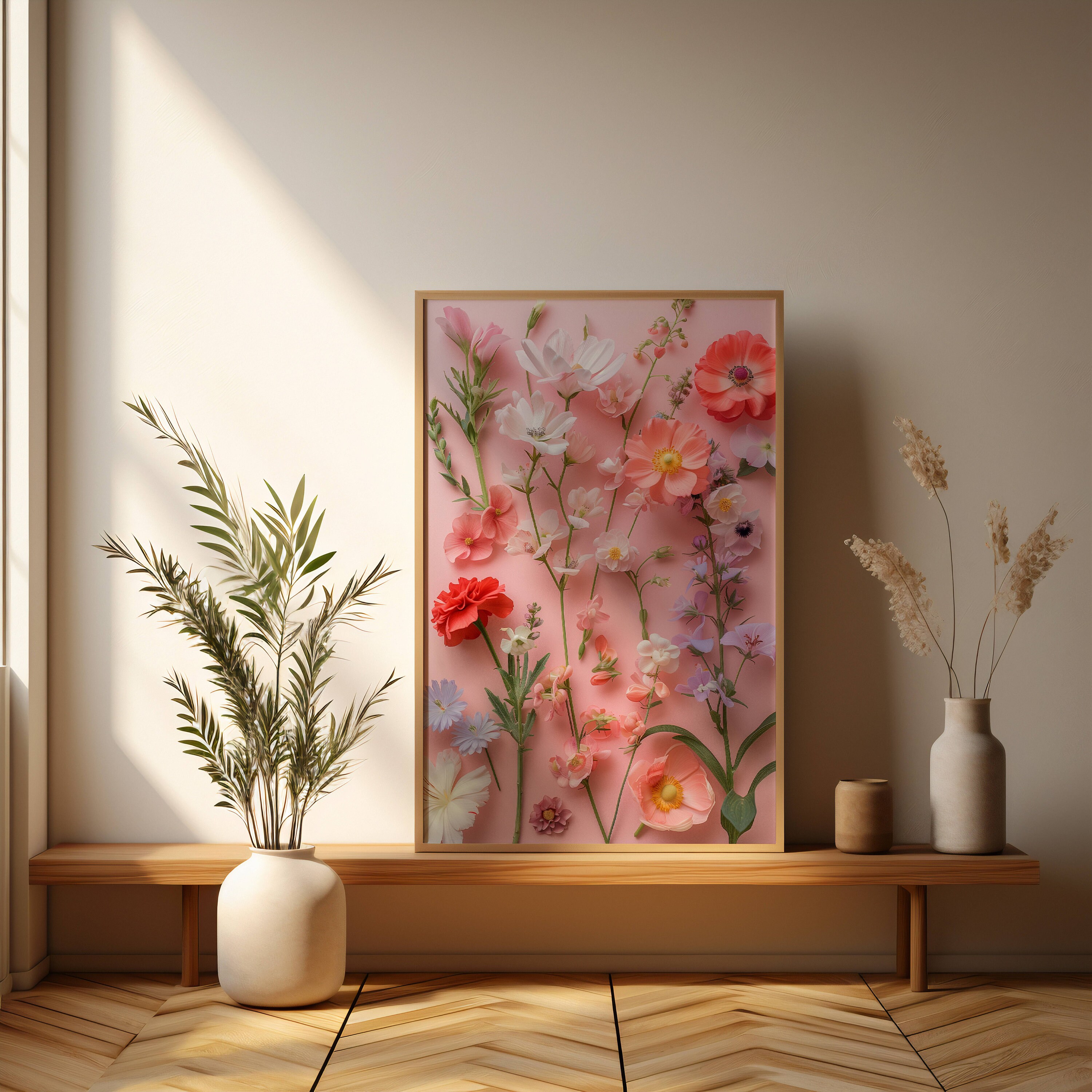 Flower Flat Lay Art: Spring Flowers on a Pastel Pink Background - Etsy