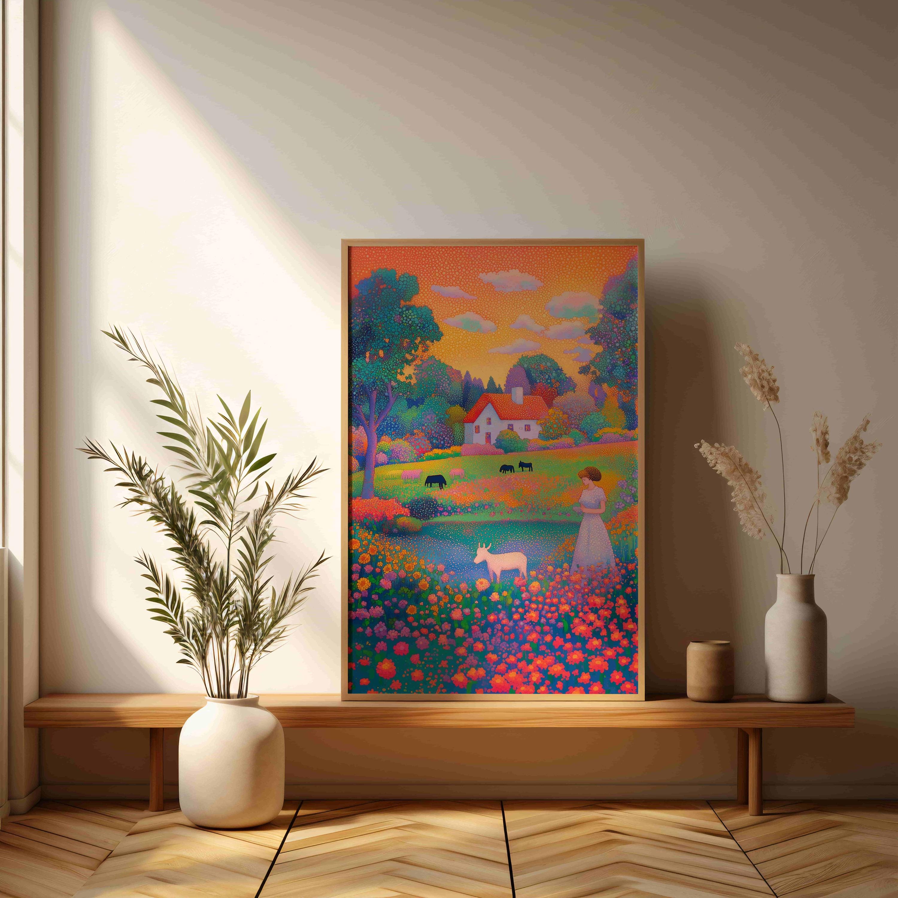 Vibrant Cottage Landscape Poster - Colorful Pointillism Art for Home - Etsy