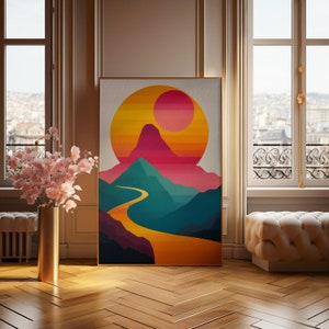 Retro 80s Minimalist Mountain Landscape Poster - Sunset and River Scene ...