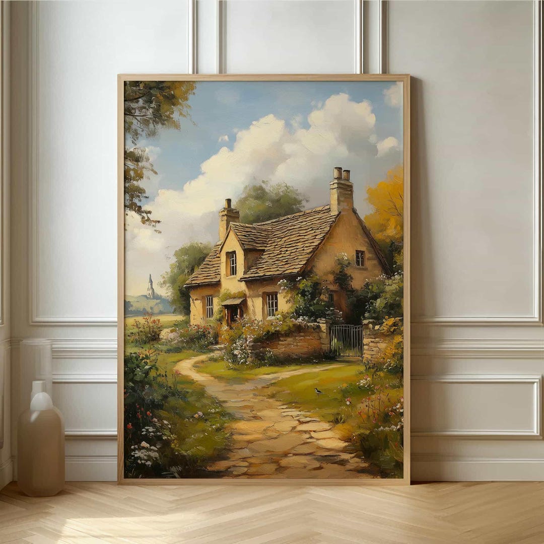 Charming Cottage Landscape Poster - Rustic Oil Painting for Cozy Home ...