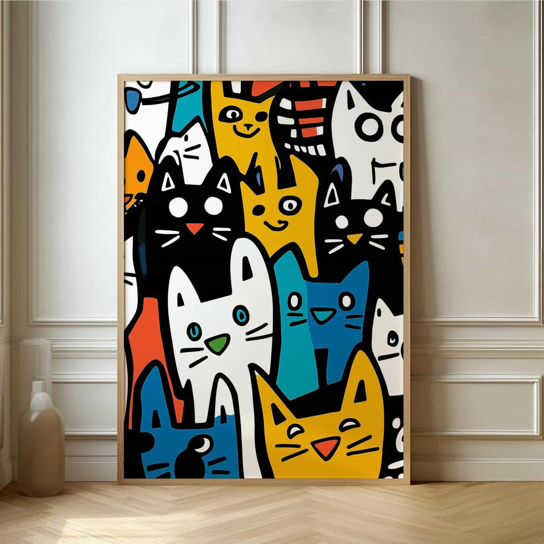 Quirky Cat Art Poster - Bold Abstract Cat Faces for Fun Wall Decor - Etsy