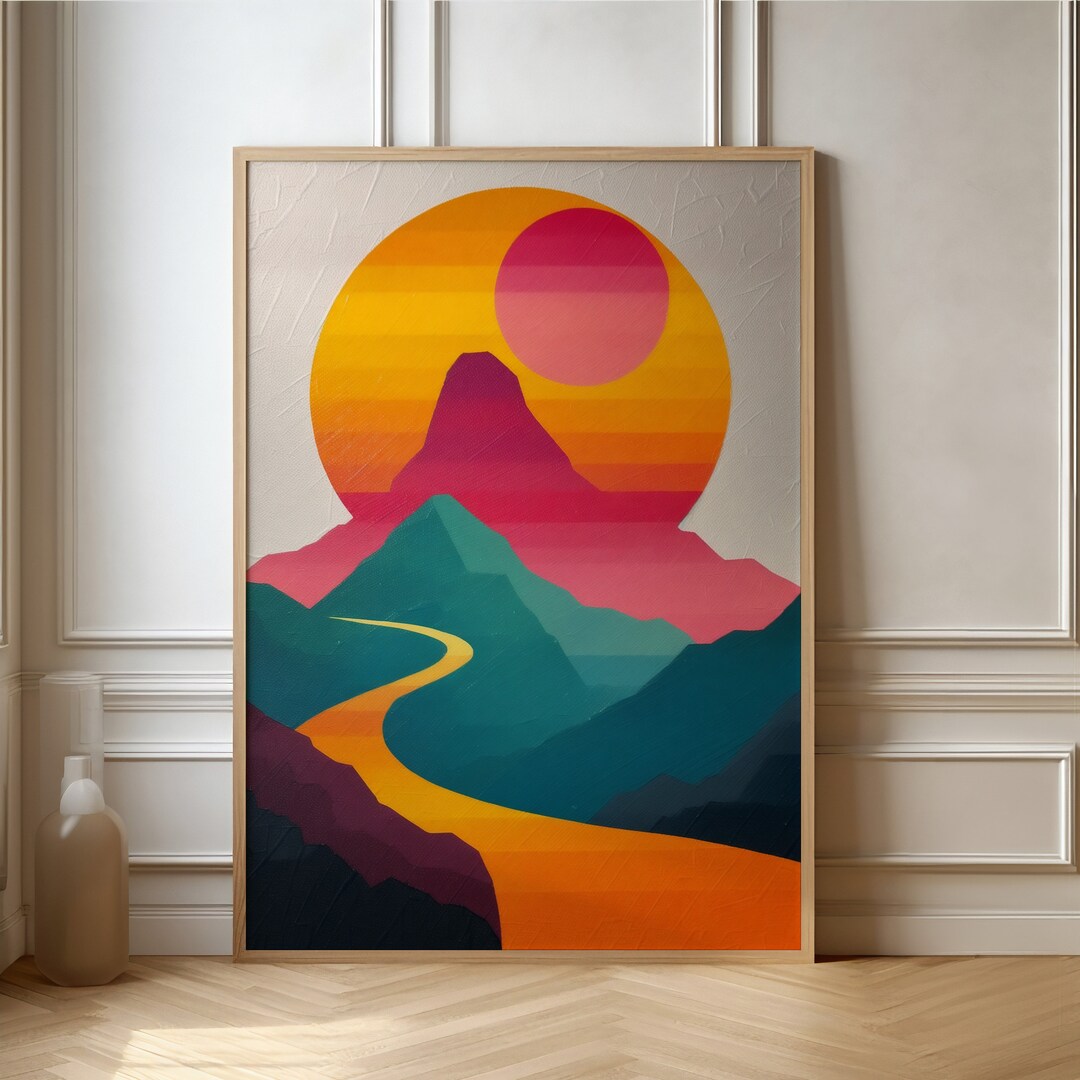 Retro 80s Minimalist Mountain Landscape Poster - Sunset and River Scene ...