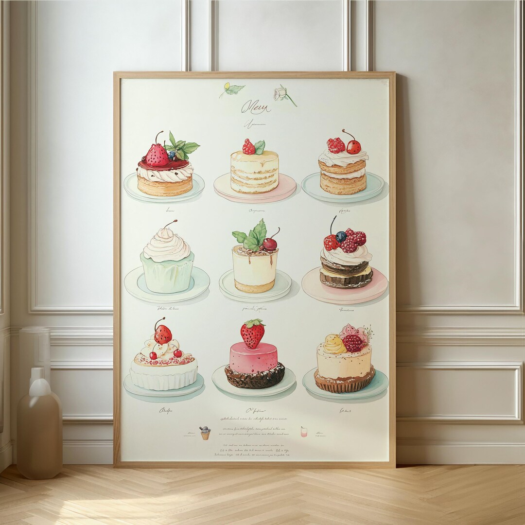 Delightful Desserts Poster - Charming Illustrative Artwork of Cakes and ...