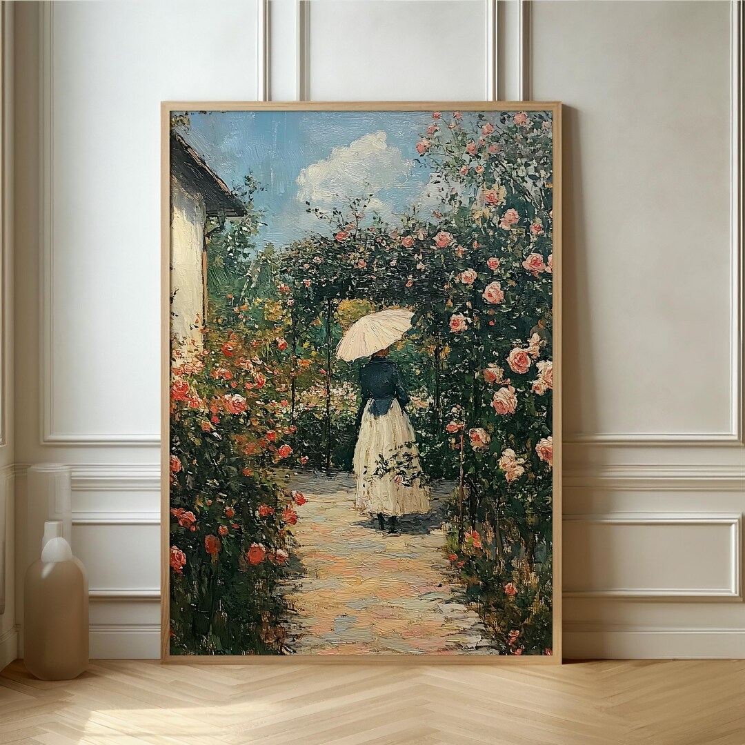 Rose Garden Stroll - Impressionist Floral Art Print, Charming Vintage ...