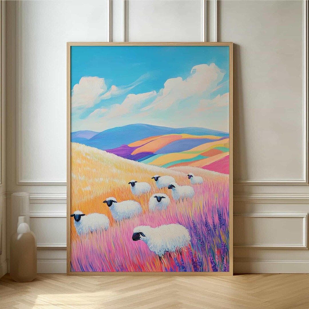 Whimsical Sheep Art Poster - Serene Pastel Landscape for Home Decor - Etsy
