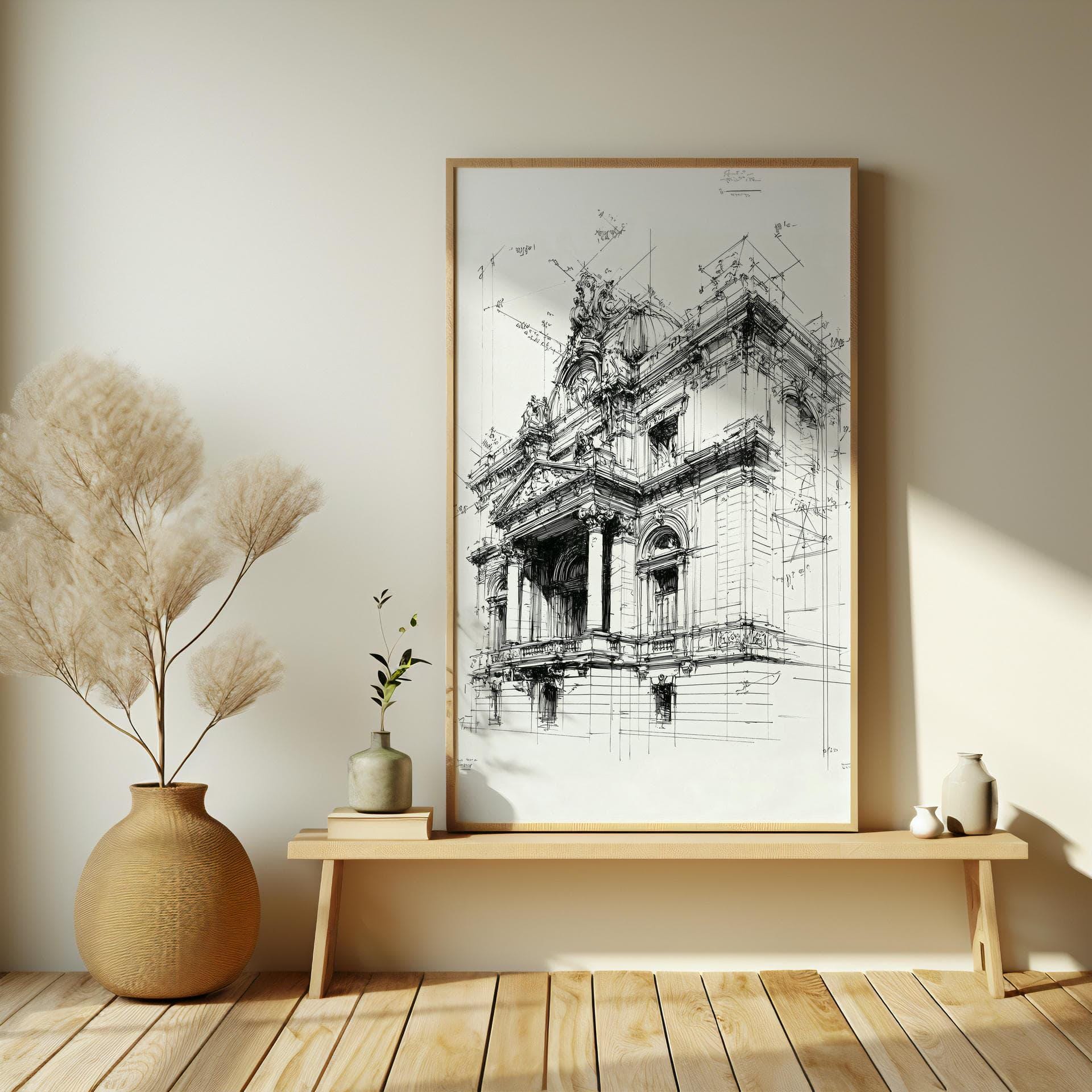 Architectural Line Art Print – Classic Building Sketch, Modern Decor ...