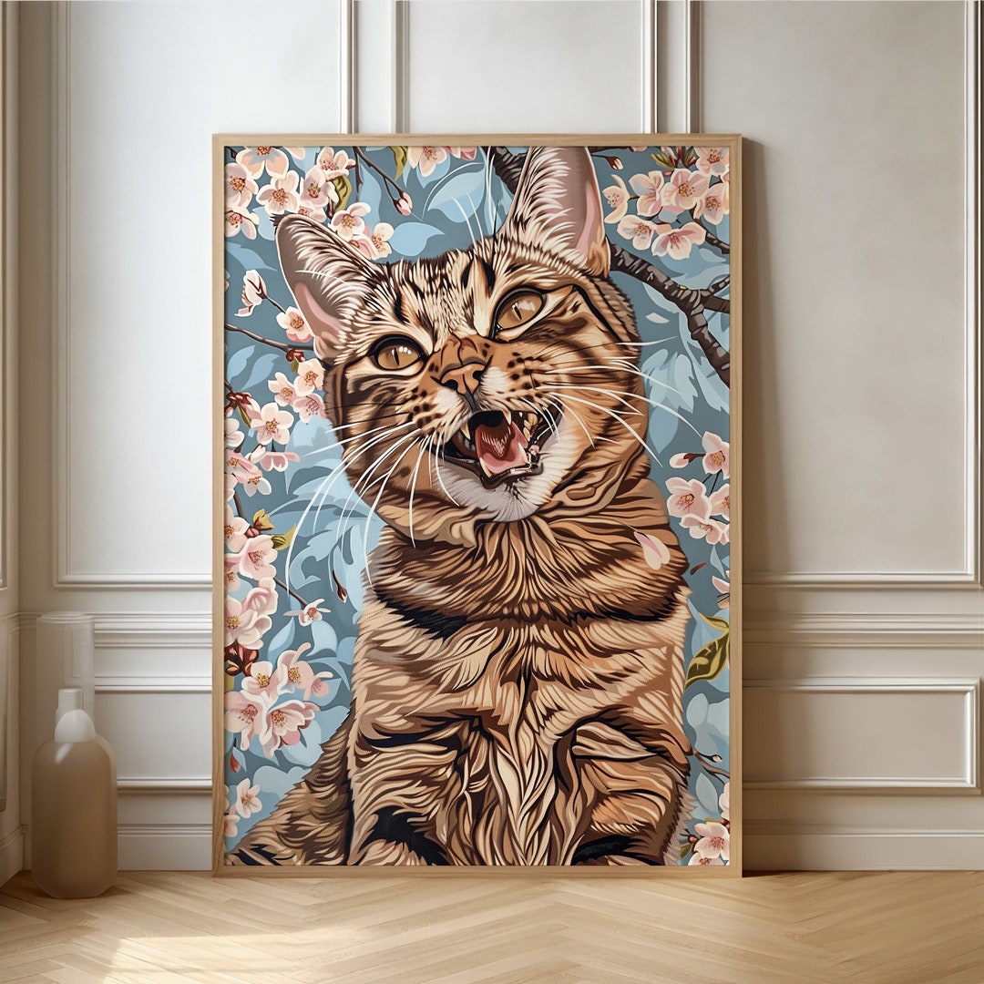Charming Cat Poster - Detailed Cat Illustration With Beautiful Floral ...
