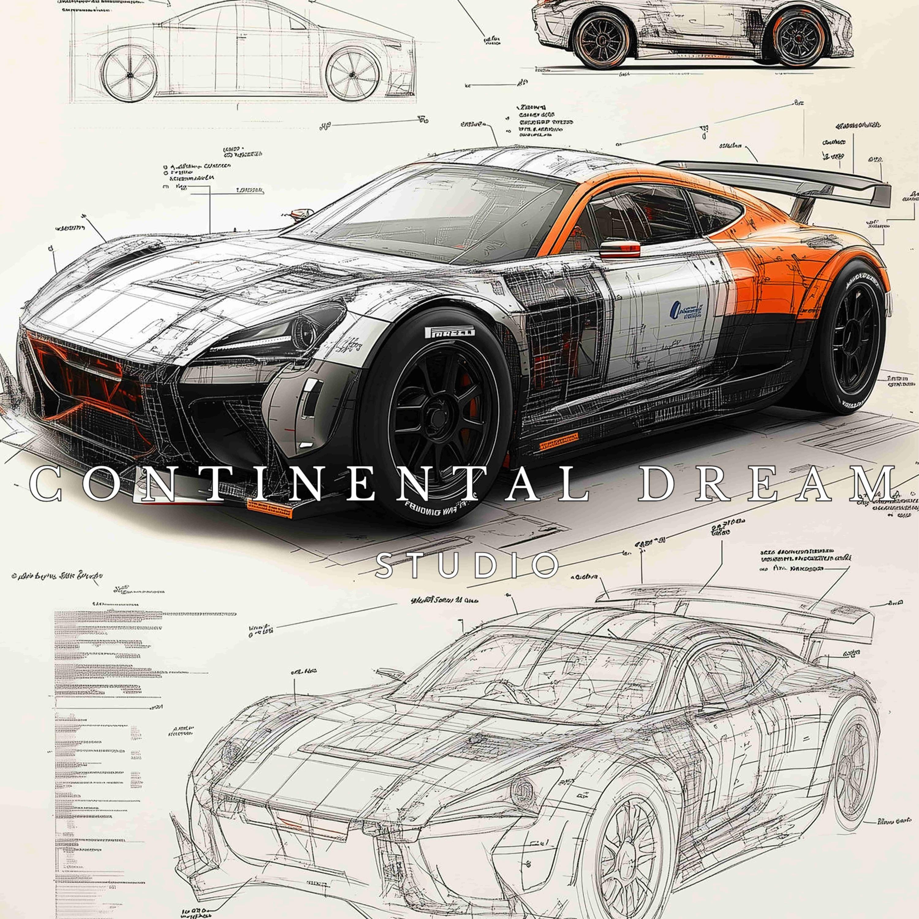 Detailed Sports Car Blueprint Poster - Automotive Sketch Art for ...