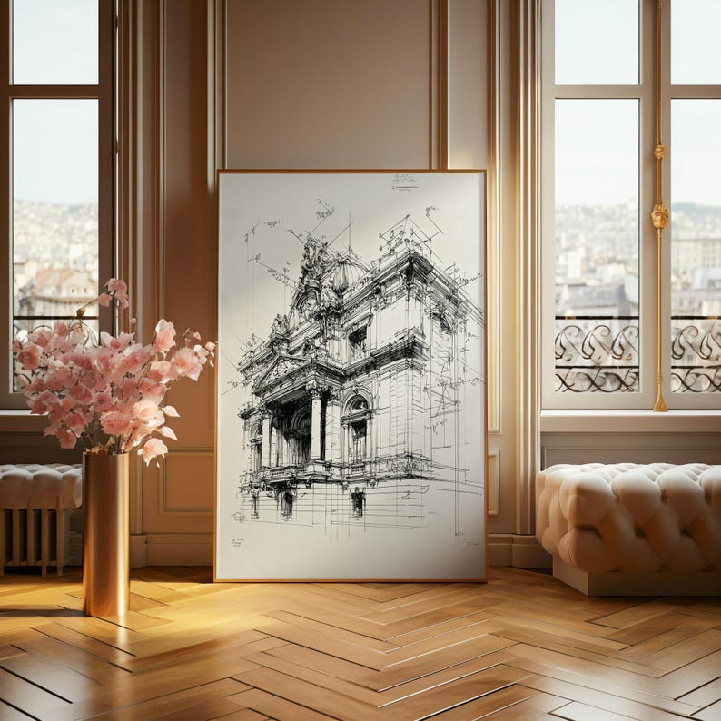 Architectural Line Art Print – Classic Building Sketch, Modern Decor ...