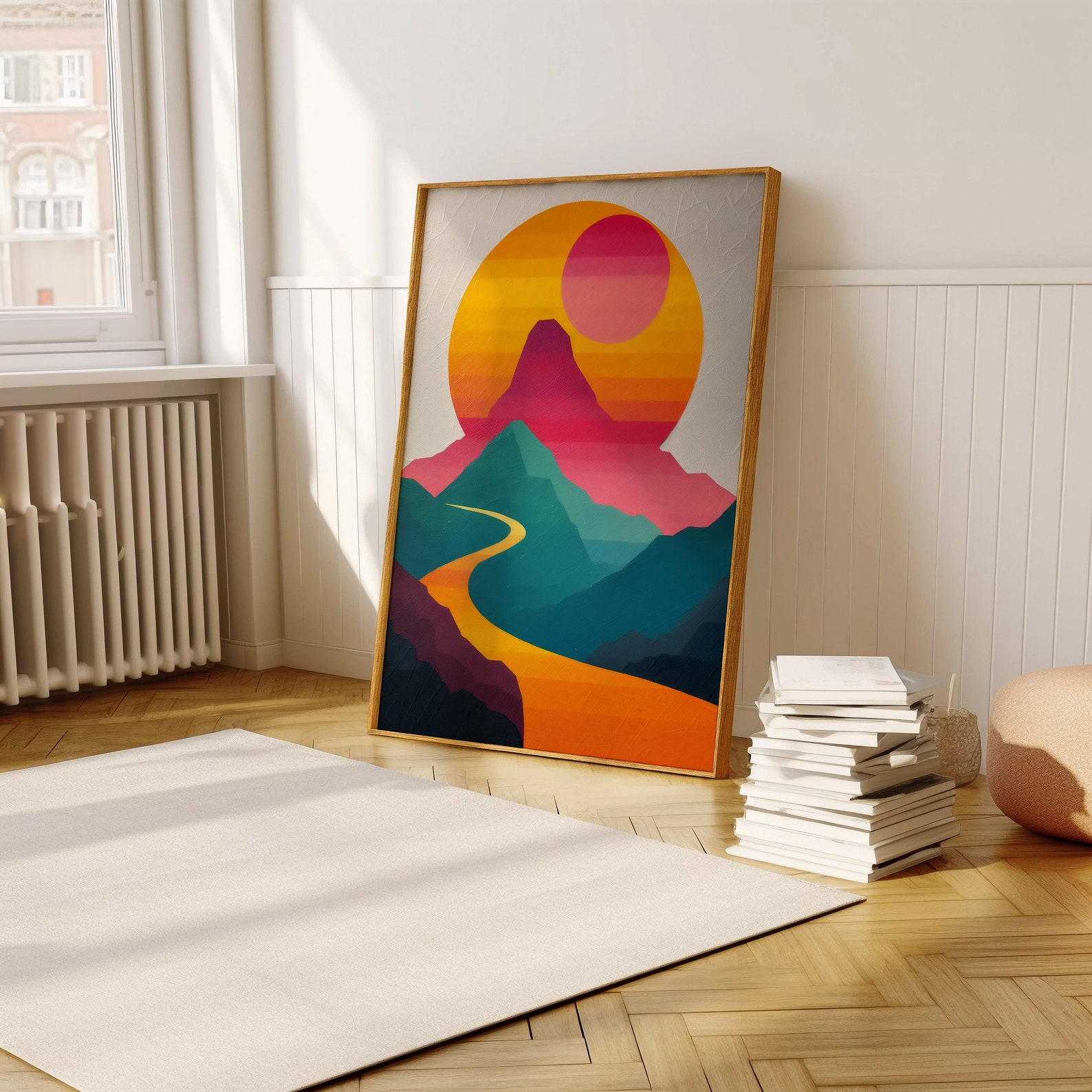 Retro 80s Minimalist Mountain Landscape Poster - Sunset and River Scene ...