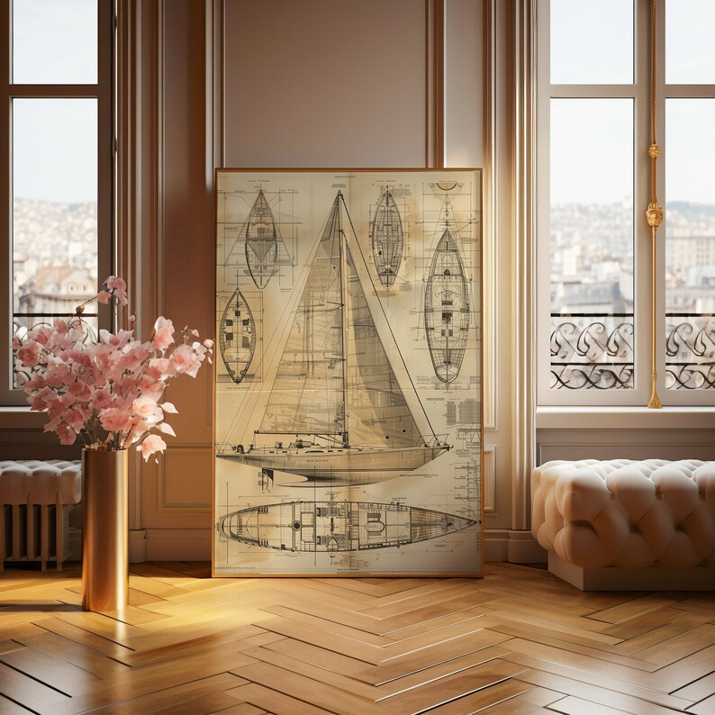 Vintage Sailboat Blueprint Poster Nautical Boat Diagram Wall Art for ...