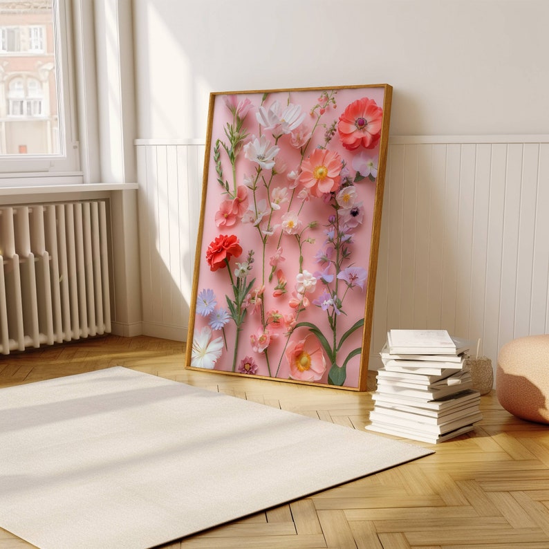 Flower Flat Lay Art: Spring Flowers on a Pastel Pink Background - Etsy