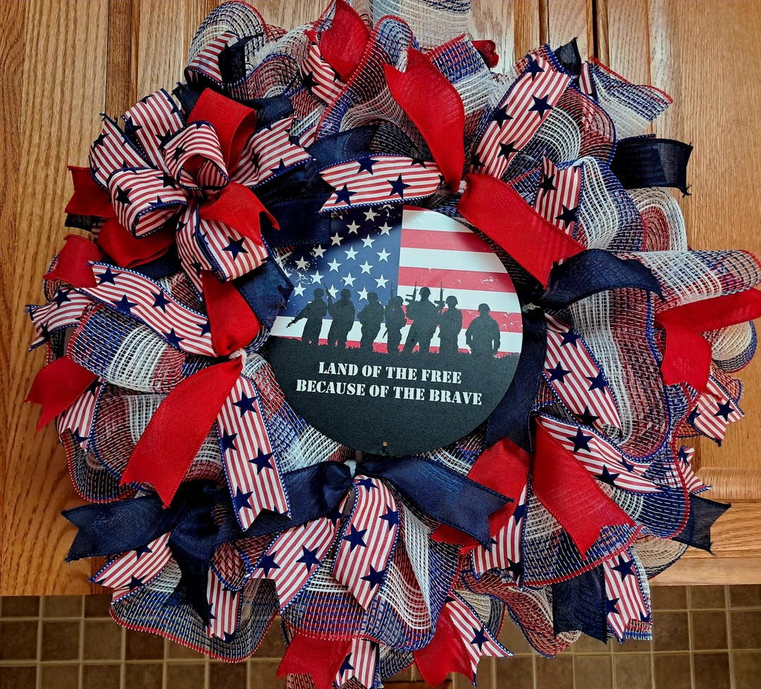 Patriotic - Red White Blue Wreath, " Land of the Free Home of the Brave ...
