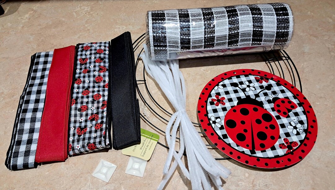 Ladybug Wreath Kit, Sign Ribbon Mesh Sign Bundle, Complete Wreath Kit ...