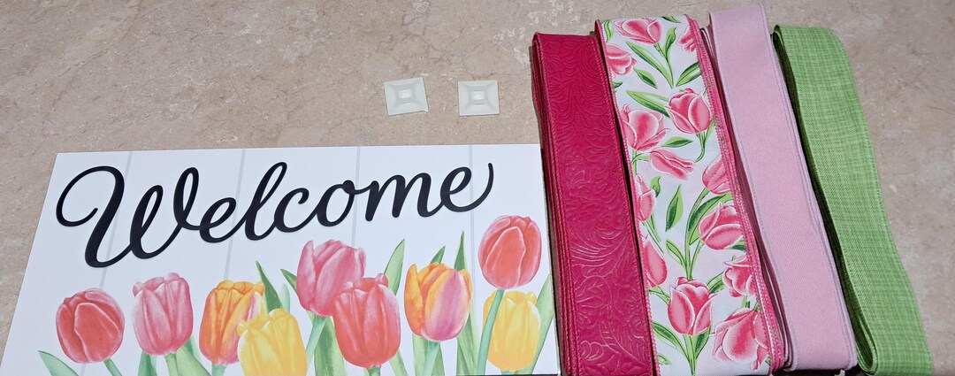 Tulip Welcome Spring Wooden Sign With Wreath Kit, Wreath Ribbon and ...