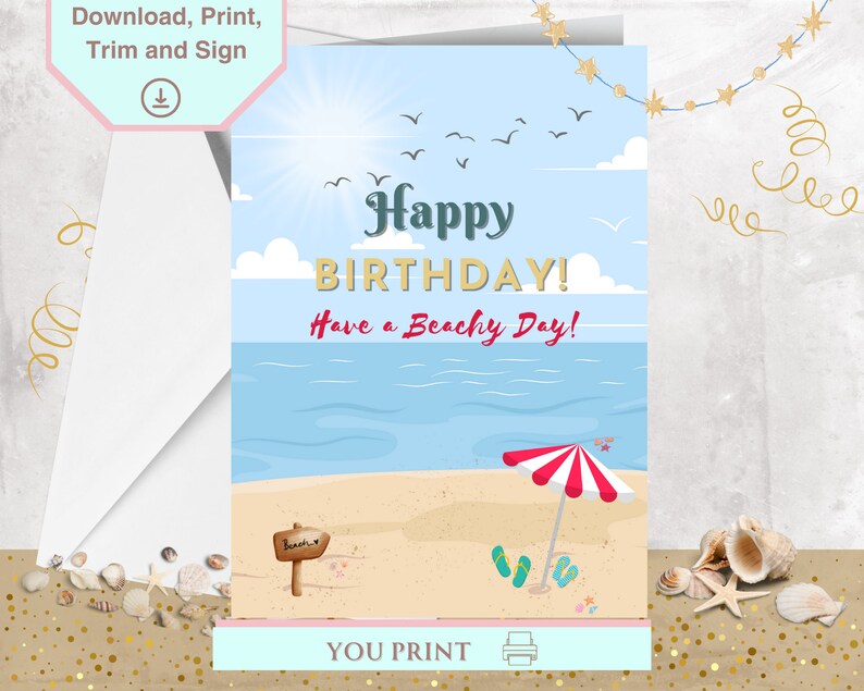 Printable Card, Happy Birthday Card, 5x7 Greeting Card, Download, Beach ...