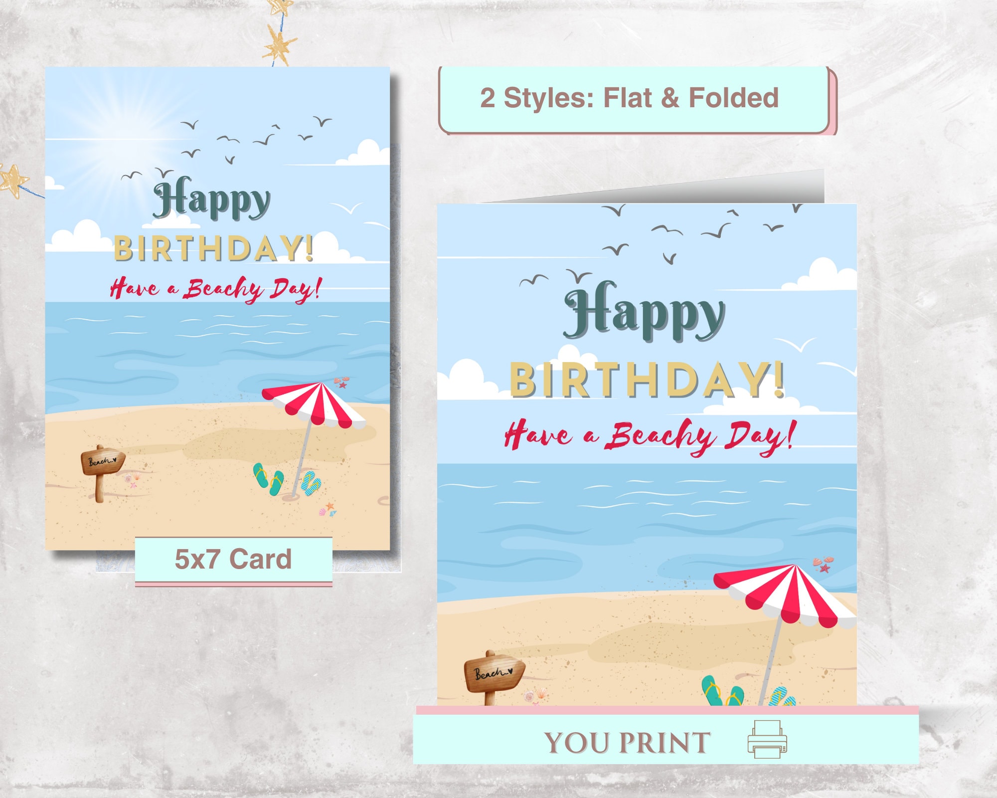 Printable Card, Happy Birthday Card, 5x7 Greeting Card, Download, Beach ...