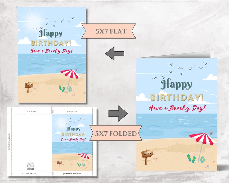 Printable Card, Happy Birthday Card, 5x7 Greeting Card, Download, Beach ...