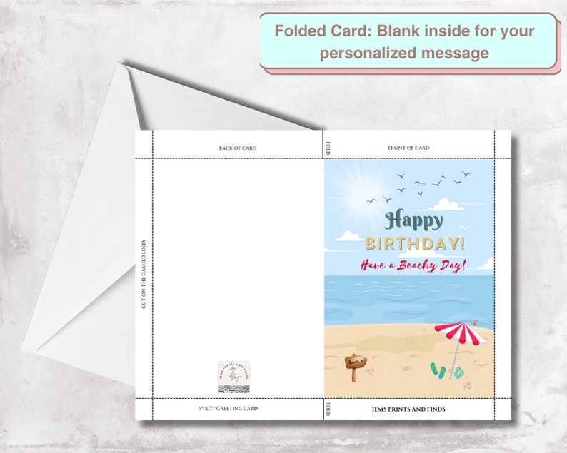 Printable Card, Happy Birthday Card, 5x7 Greeting Card, Download, Beach ...