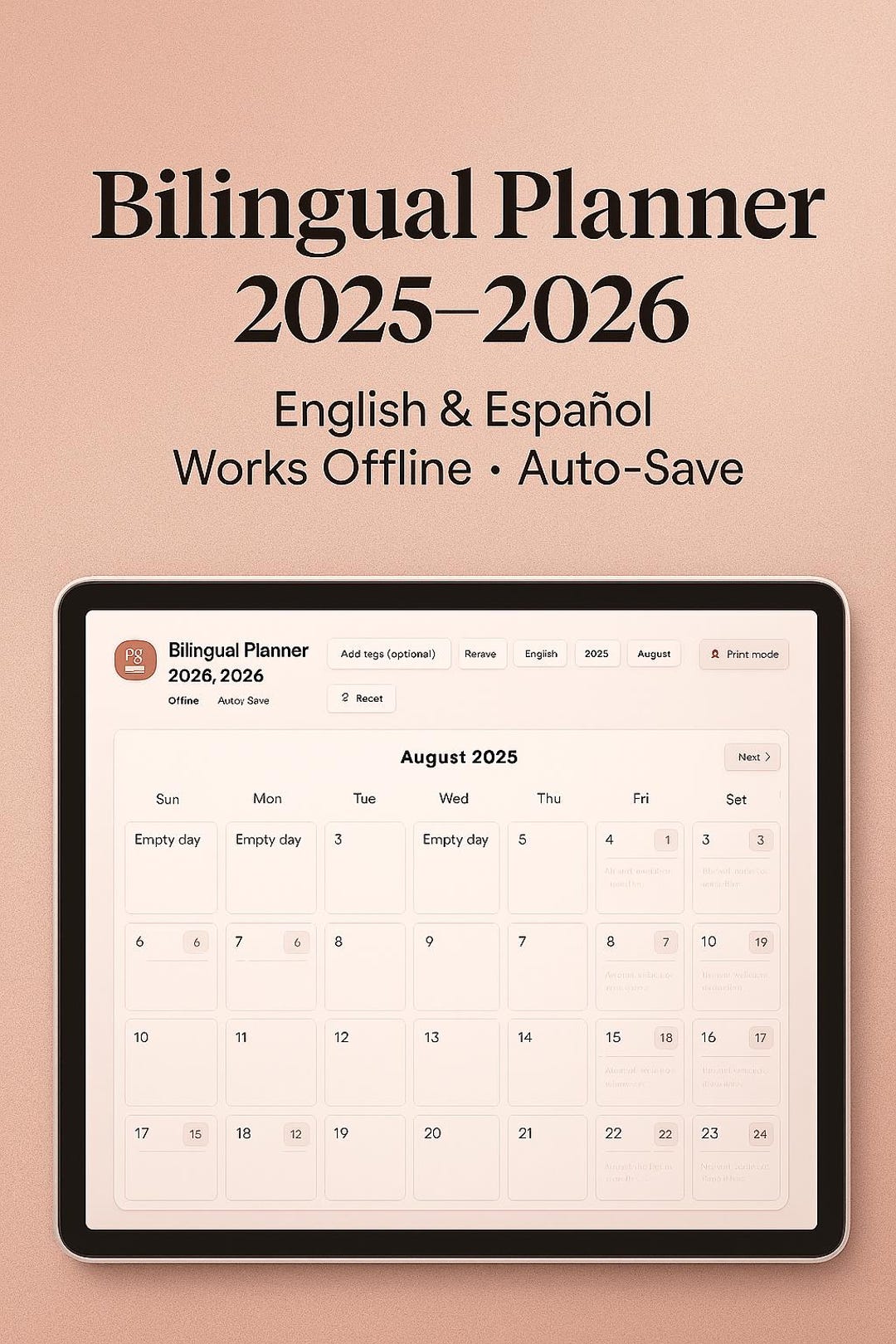 2025-2026 Bilingual Planner Calendar | English and Spanish | Rose Gold ...