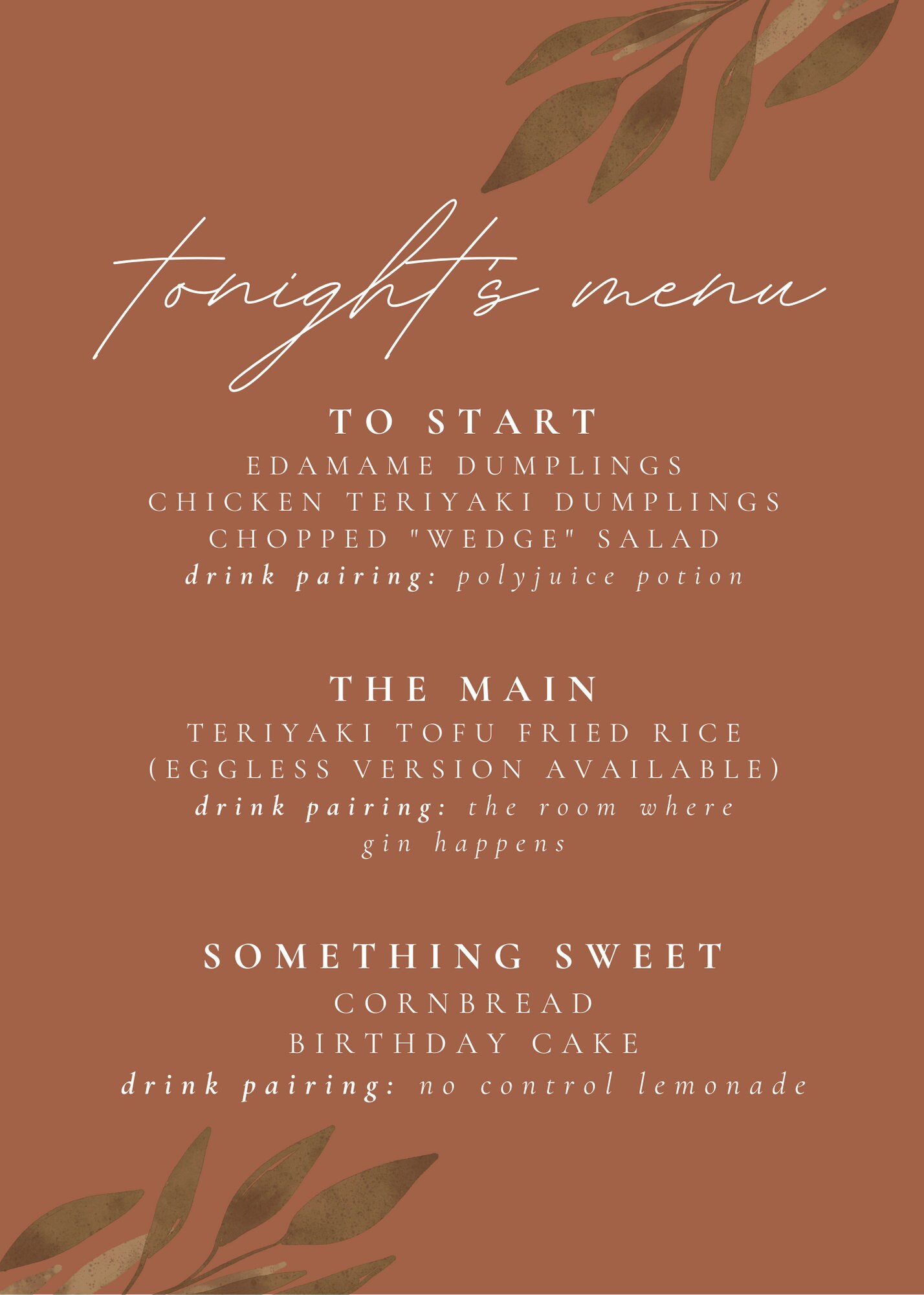 Cognac Chic Menu Template for Bachelorette, Birthday, Girls Weekend ...