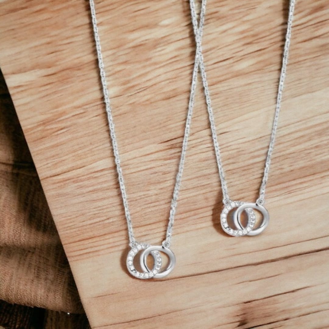 925 Sterling Silver Interlocking Ring Necklace, Double Interlocking ...
