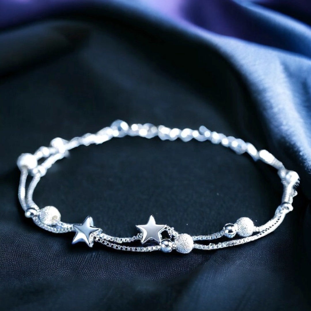 CZ 925 Sterling Silver Tiny Twinkle Star Charm Bracelet With, Beaded CZ Star Link Bracelet ...
