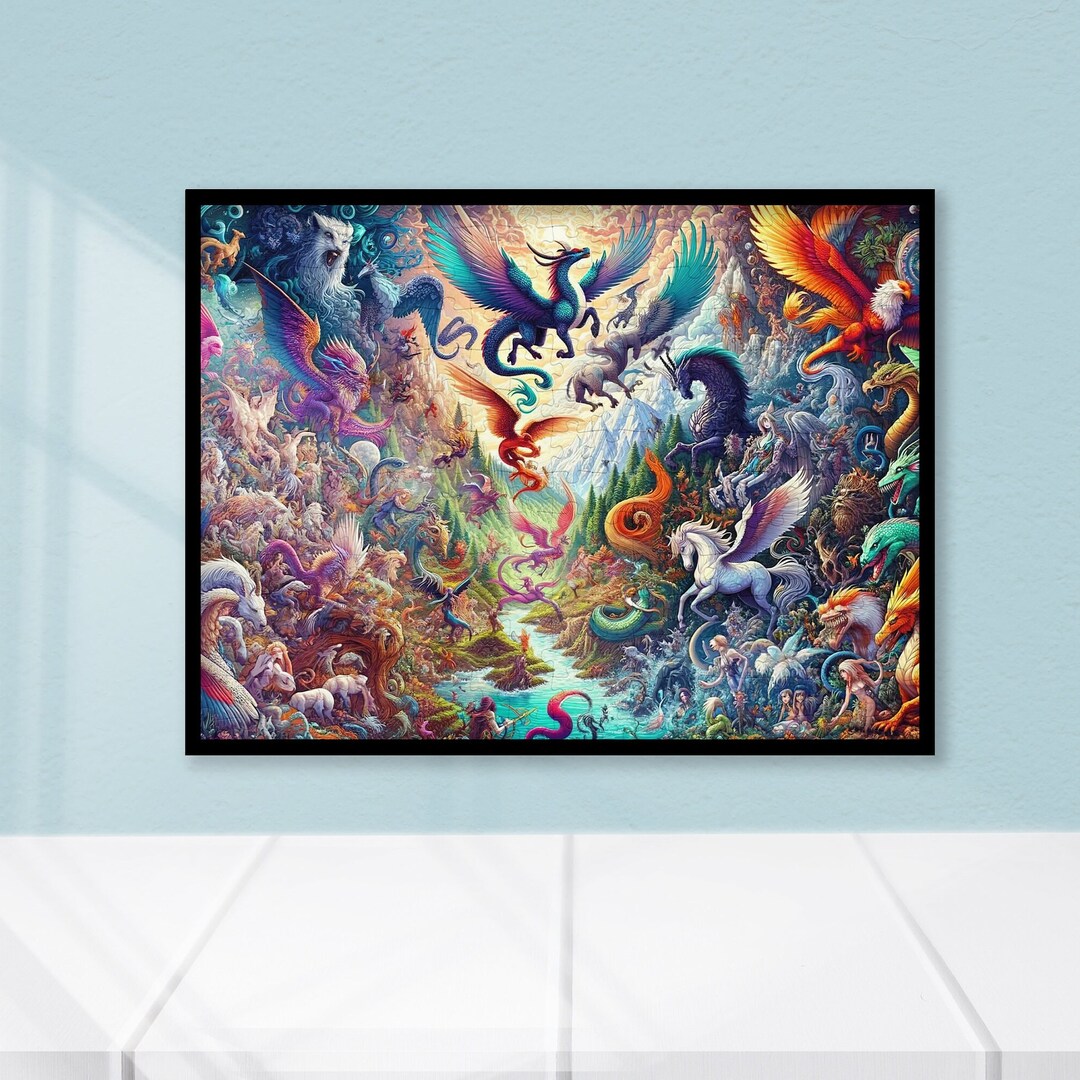Puzzle, Mythical Creature Collage, Pixel Fine Line Style, Unique Jigsaw ...