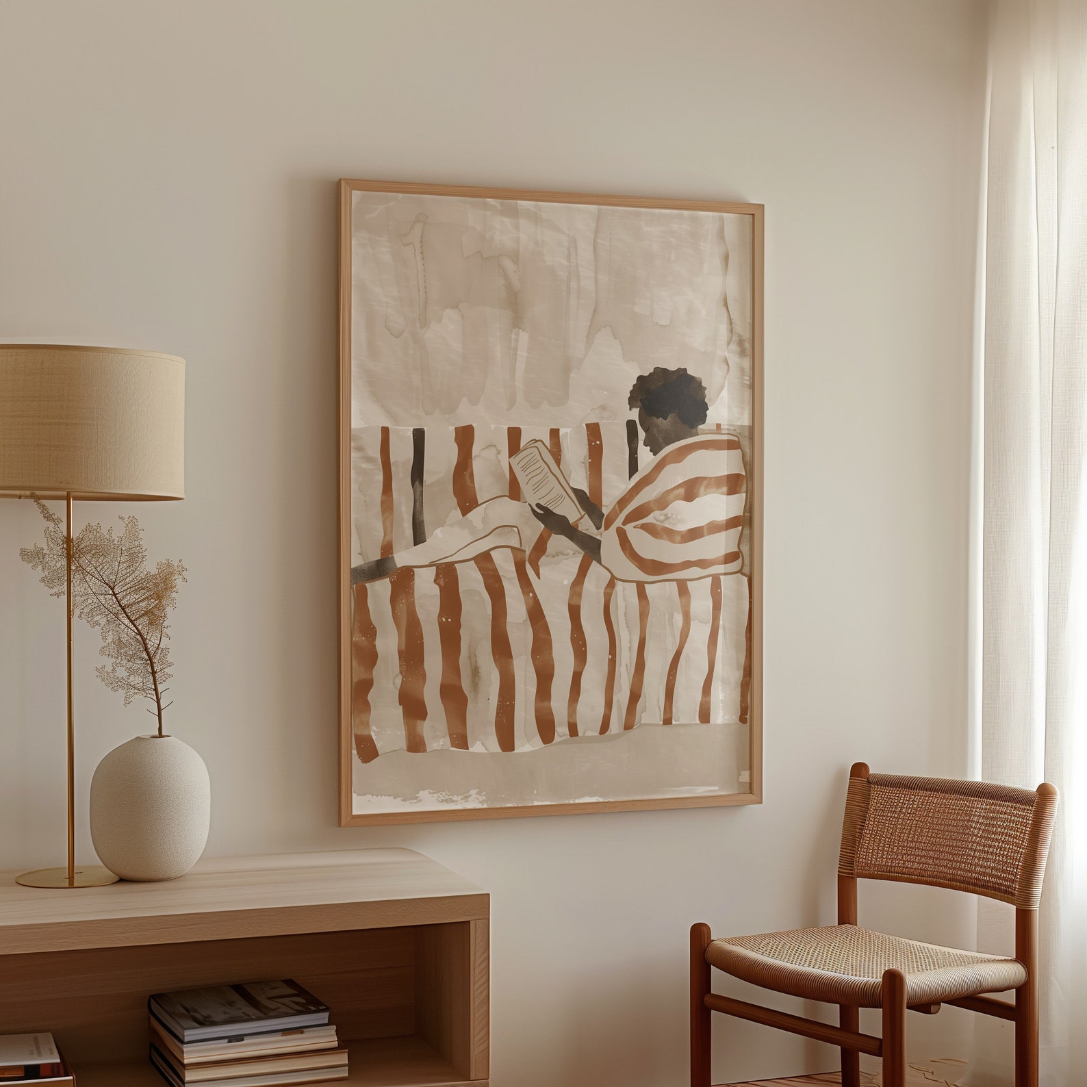 Abstract Female Art Neutral Figurative Wall Art Afro Girl Reading ...