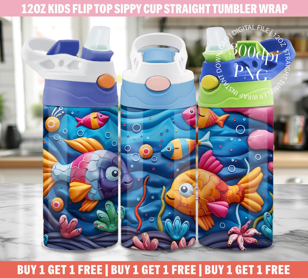 3D Fish 12oz Kids Flip Top Sippy Cup Tumbler Wrap 12oz Straight Tumbler ...